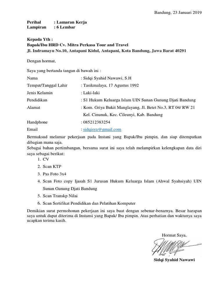 Surat Lamaran Cv. Mitra Perkasa Tour and Travel | PDF