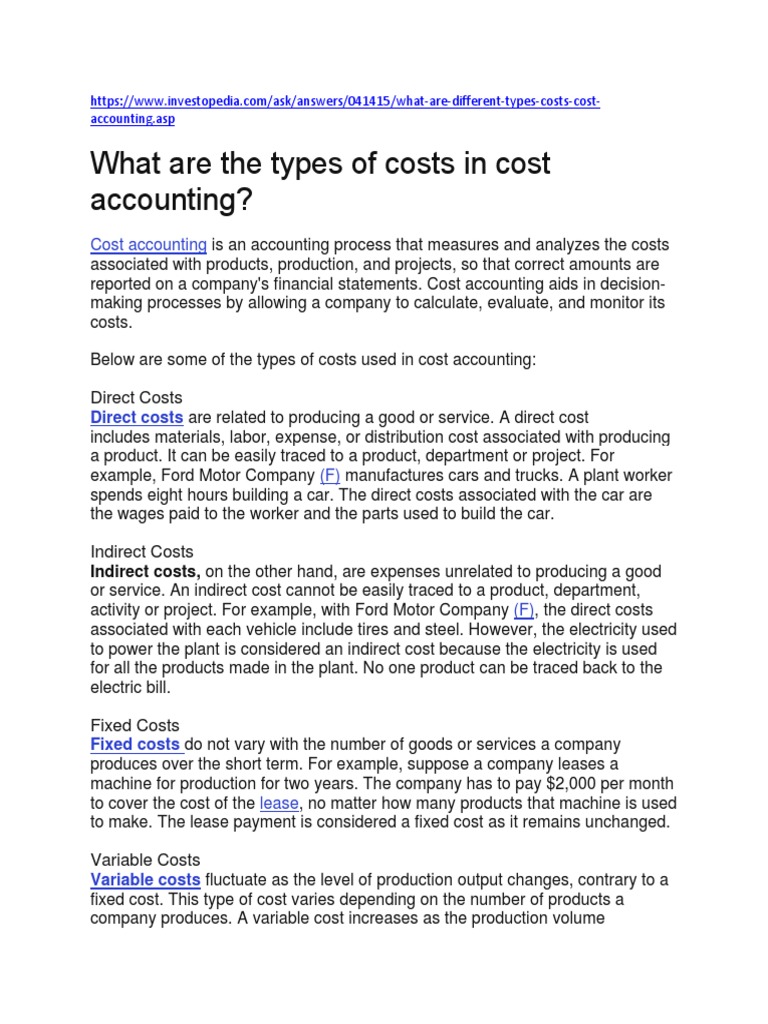 What Are The Types of Costs in Cost Accounting? | PDF | Cost Accounting ...