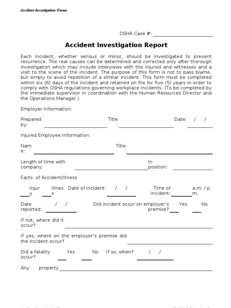 Accident Investigation Report | Occupational Safety And Health ...
