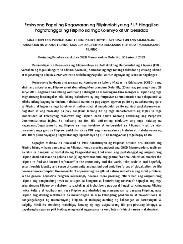 Posisyong Papel NG Kagawaran NG Filipinolohiya NG PUP Hinggil Sa ...