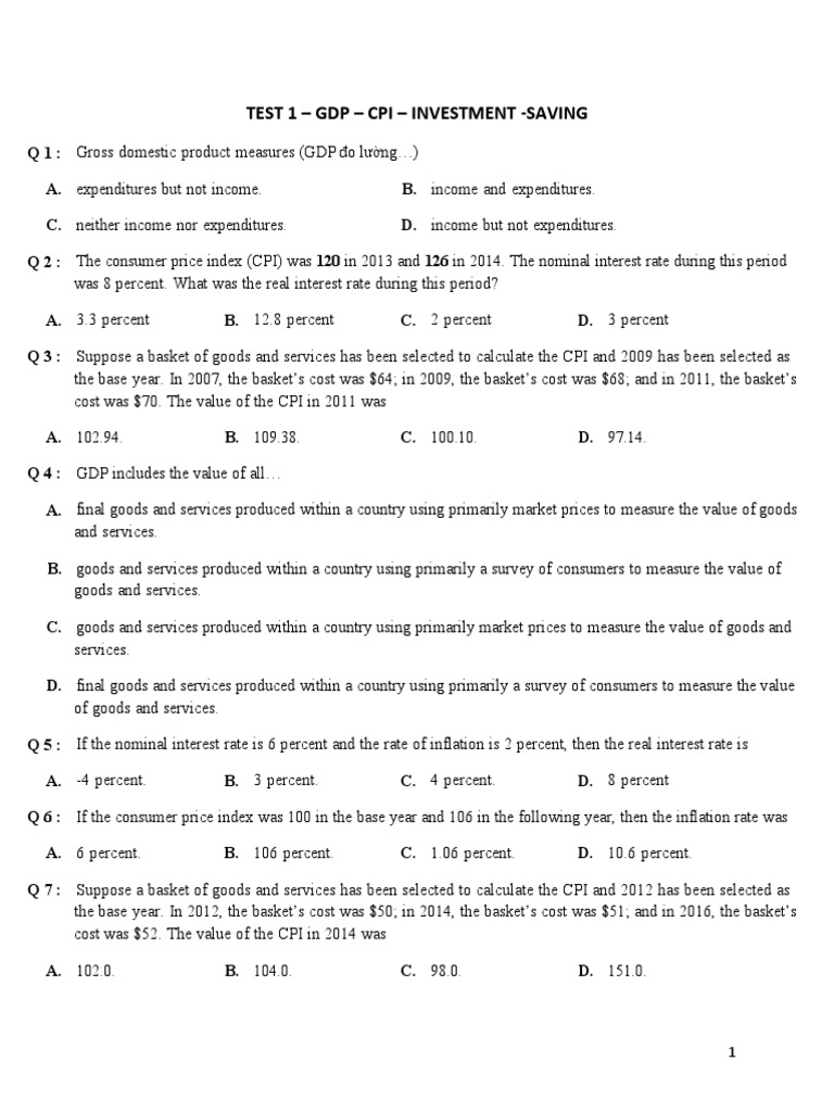 TEST 1 - MACRO - GPD - CPI - 50 Câu | PDF | Consumer Price Index ...