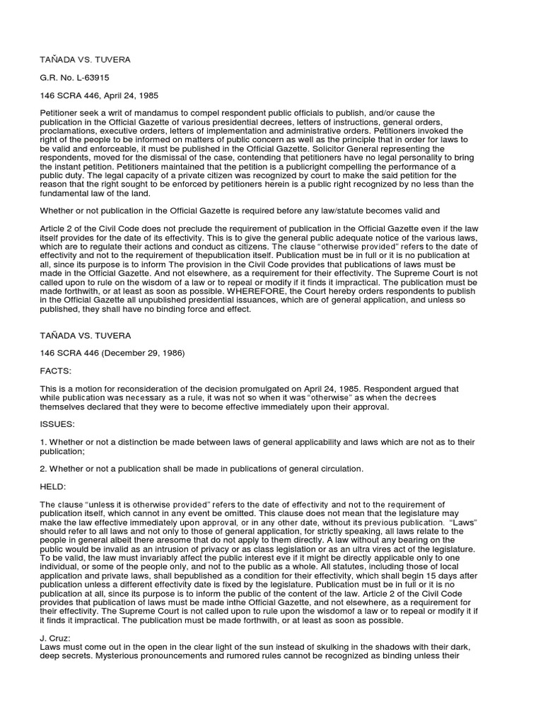 Tanada vs. Tuvera Case Digest | PDF | Mandamus | Public Law
