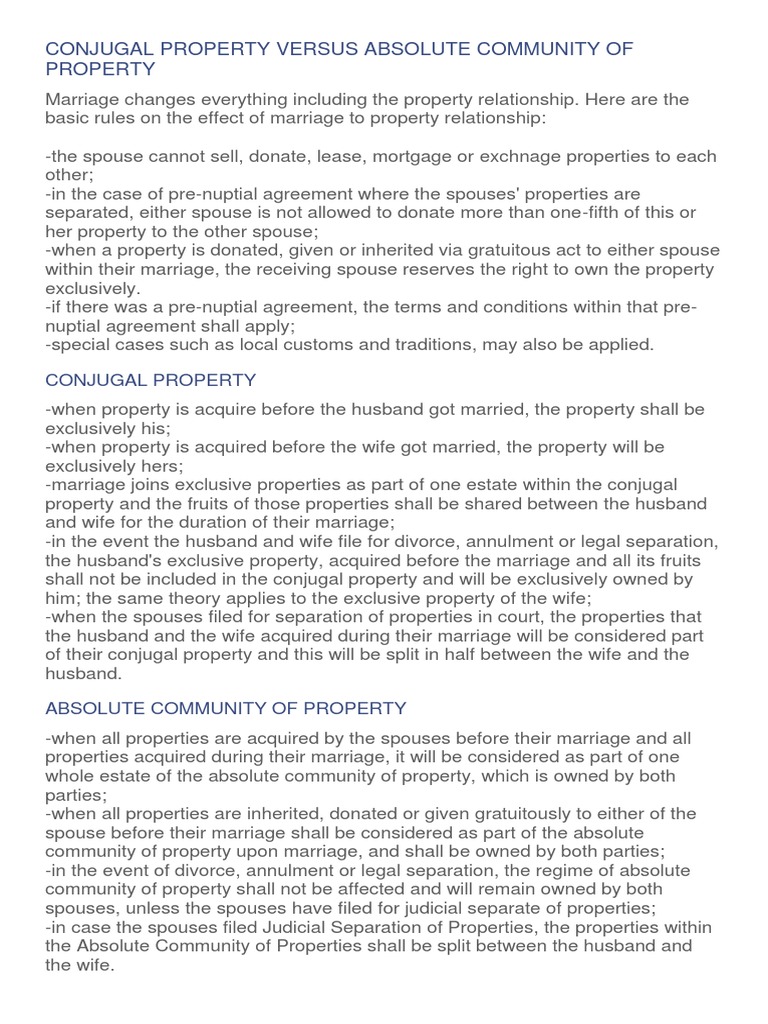 Conjugal Property Versus Absolute Community of Property | Download Free ...