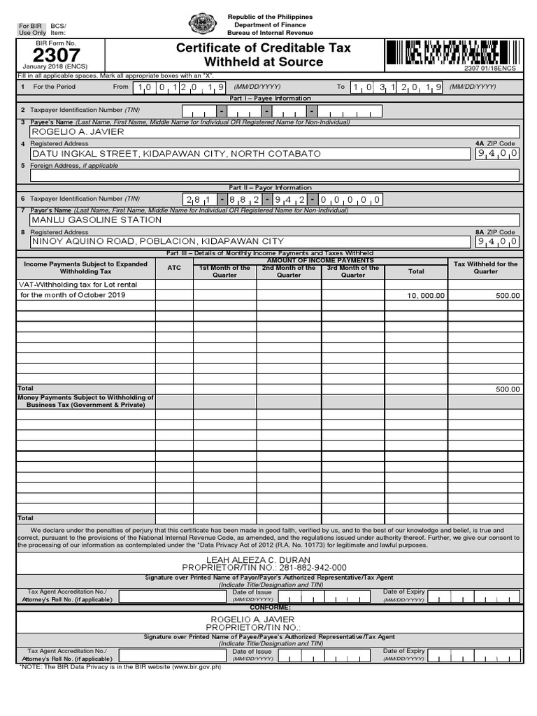 Bir Form 2307 | PDF | Withholding Tax | Value Added Tax