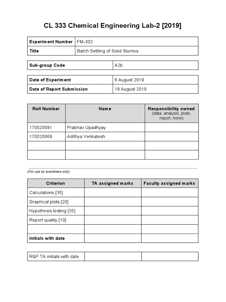 CL 333 Chemical Engineering Lab-2 (2019) : Experiment Number FM-302 ...