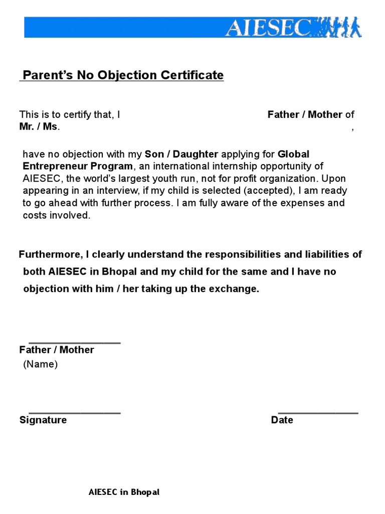 Parent's No Objection Certificate: AIESEC in Bhopal | PDF | Wellness