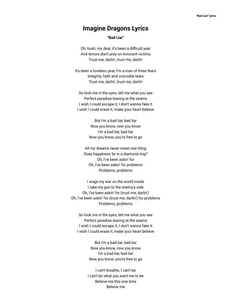 Imagine Dragons Lyrics Bad Liar Alternative Rock Songs Written