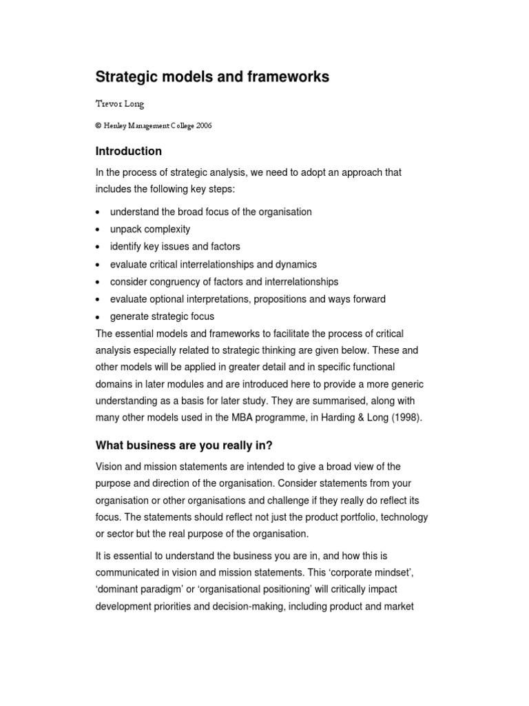 Strategic Models and Frameworks: © Henley Management College 2006 | PDF ...