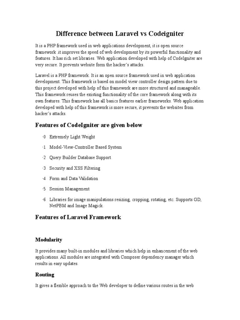 Difference Between Laravel Vs Codeigniter Features Of Codeigniter Are Given Below Pdf