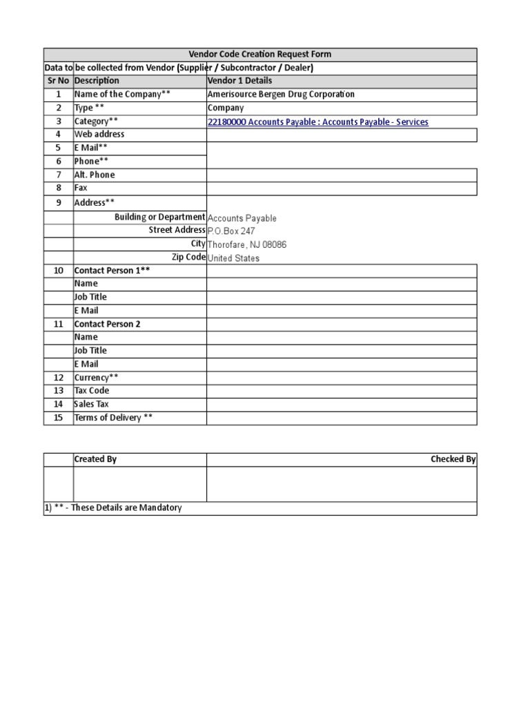 Vendor Code Creation Request Form Data To Be Collected From Vendor ...