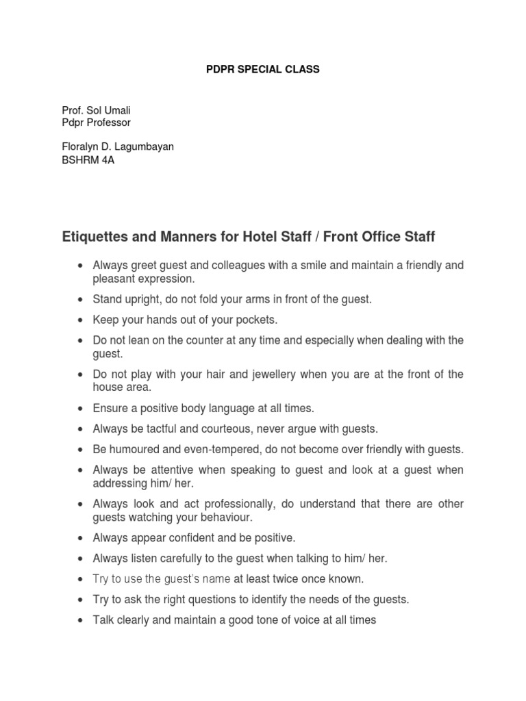 Etiquettes and Manners For Hotel Staff / Front Office Staff | PDF