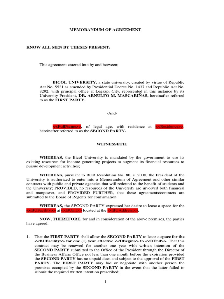 MOA Sample | PDF | Lease | Common Law