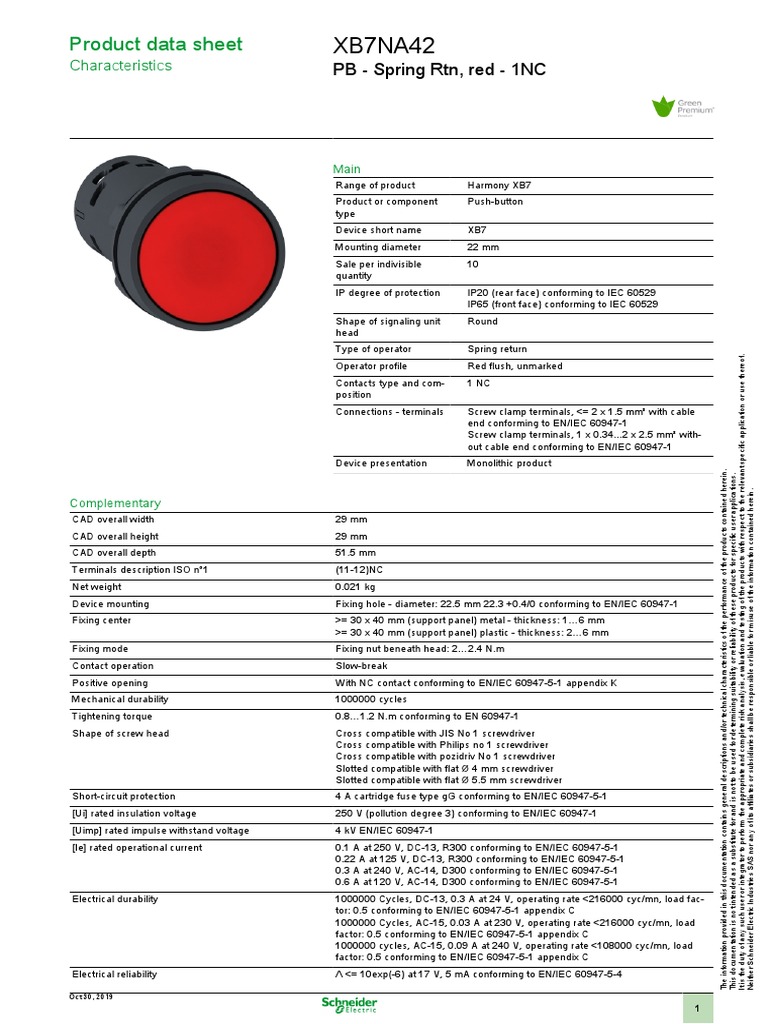 XB7NA42: Product Data Sheet | PDF | International Electrotechnical ...