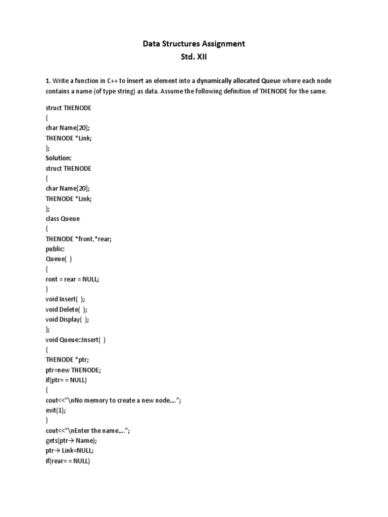 Data Structures Assignment Std. XII | PDF | Queue (Abstract Data Type) | Algorithms And Data ...