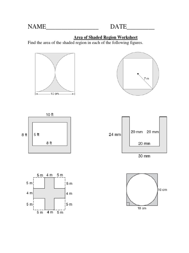 Area of Shaded Region Worksheet | PDF