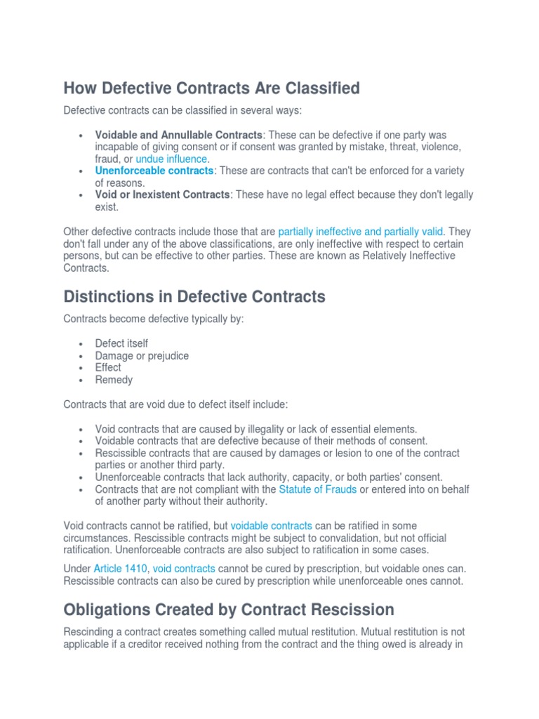 How Defective Contracts Are Classified | PDF | Legal Ethics ...