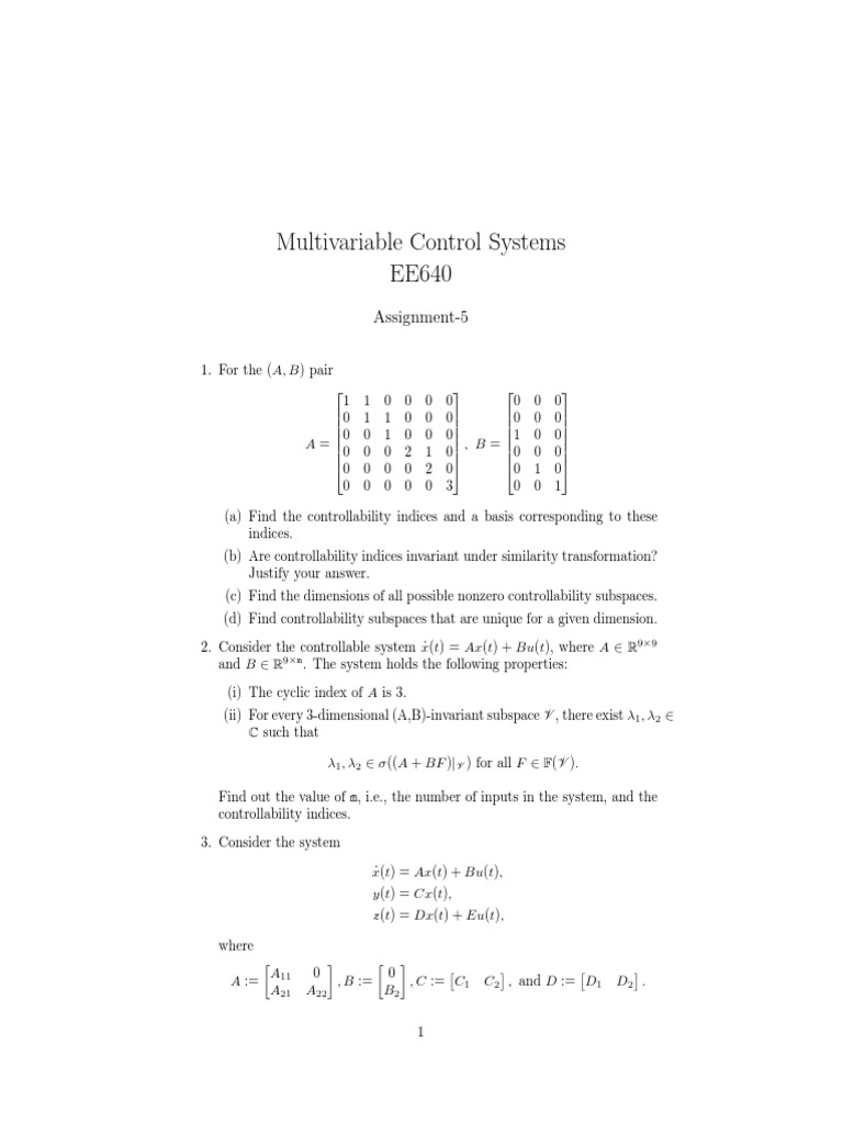 Multivariable Control Systems EE640: Assignment-5 | PDF | Analysis ...