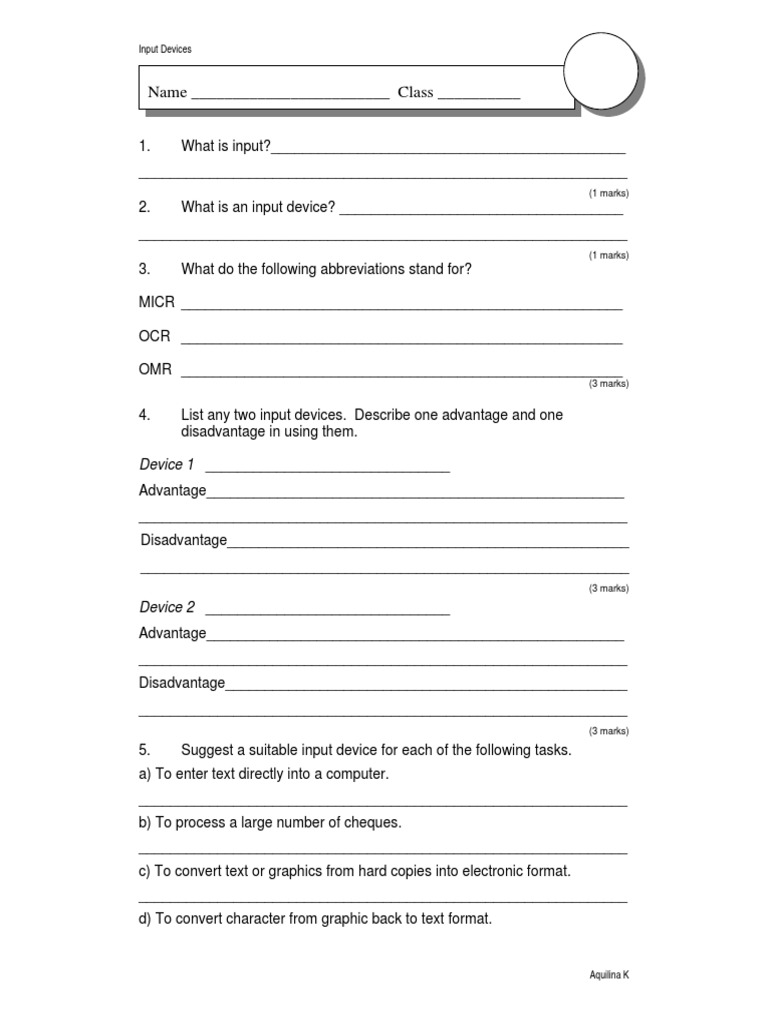 Input Devices Worksheet1 PDF | Download Free PDF | Computer Engineering | Computer Science