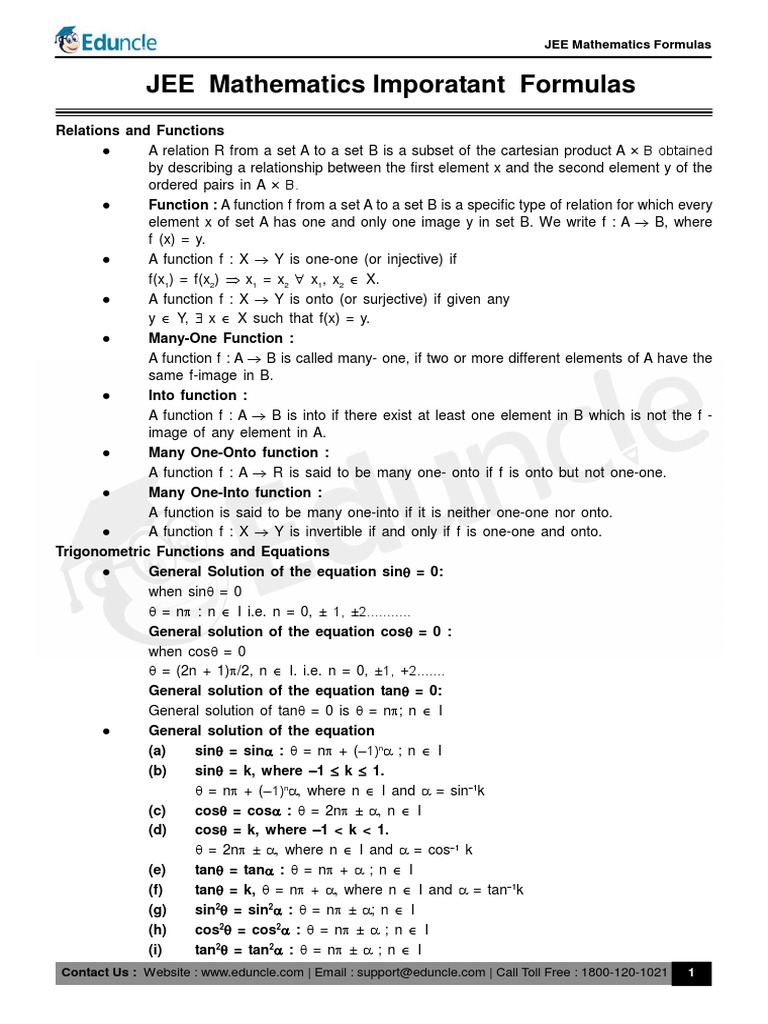 Jee Maths Formulae | PDF | Function (Mathematics) | Abstract Algebra