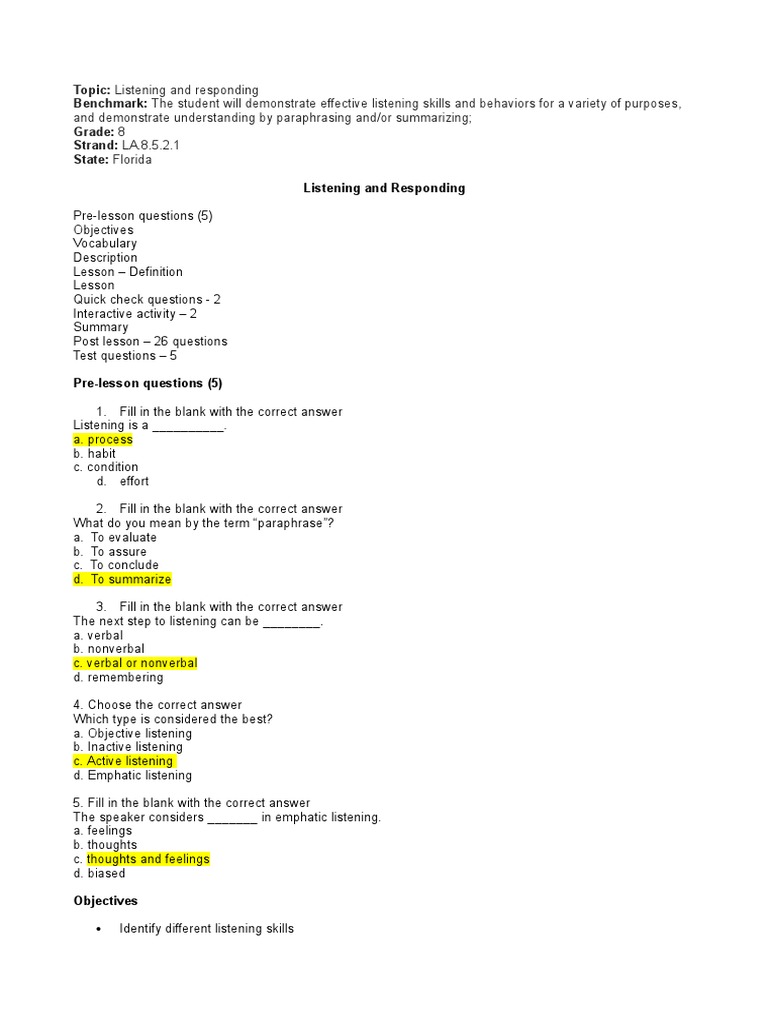 Developing Effective Listening Skills: A Comprehensive Lesson Plan for ...