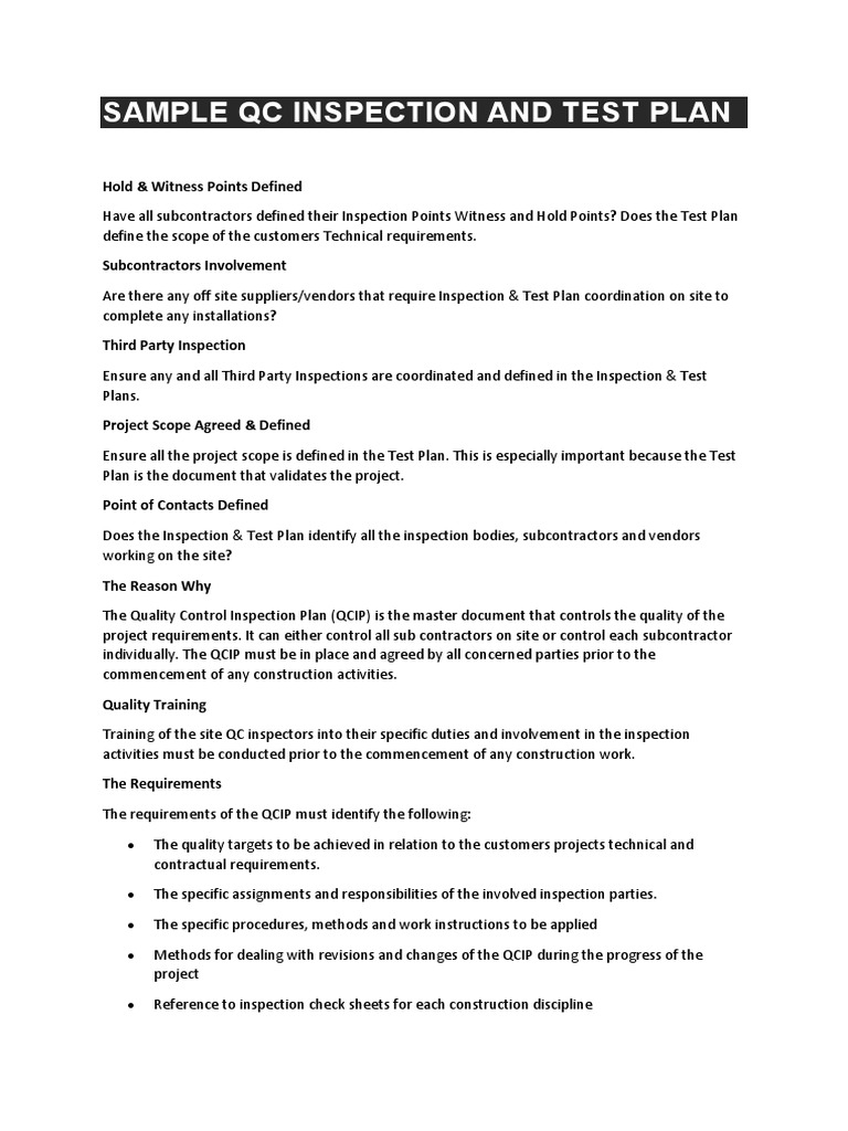 Sample QC Inspection and Test Plan | PDF | Specification (Technical ...