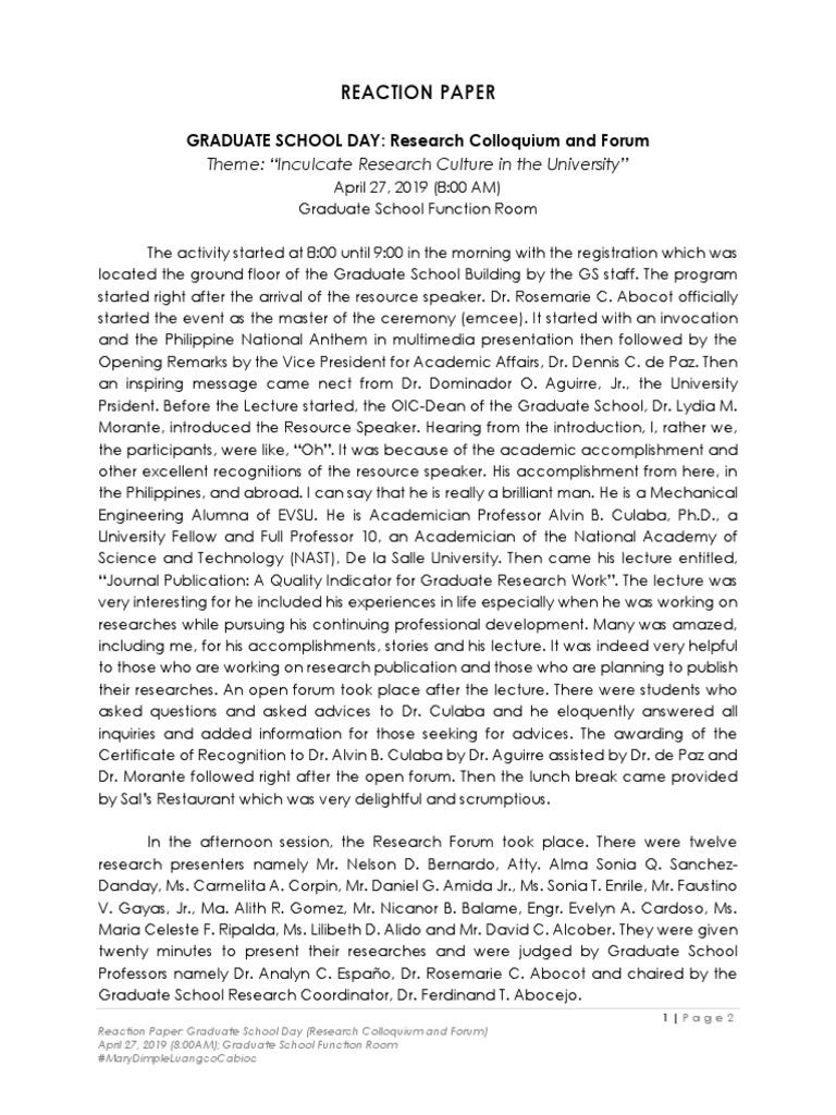 Reaction Paper: GRADUATE SCHOOL DAY: Research Colloquium and Forum ...