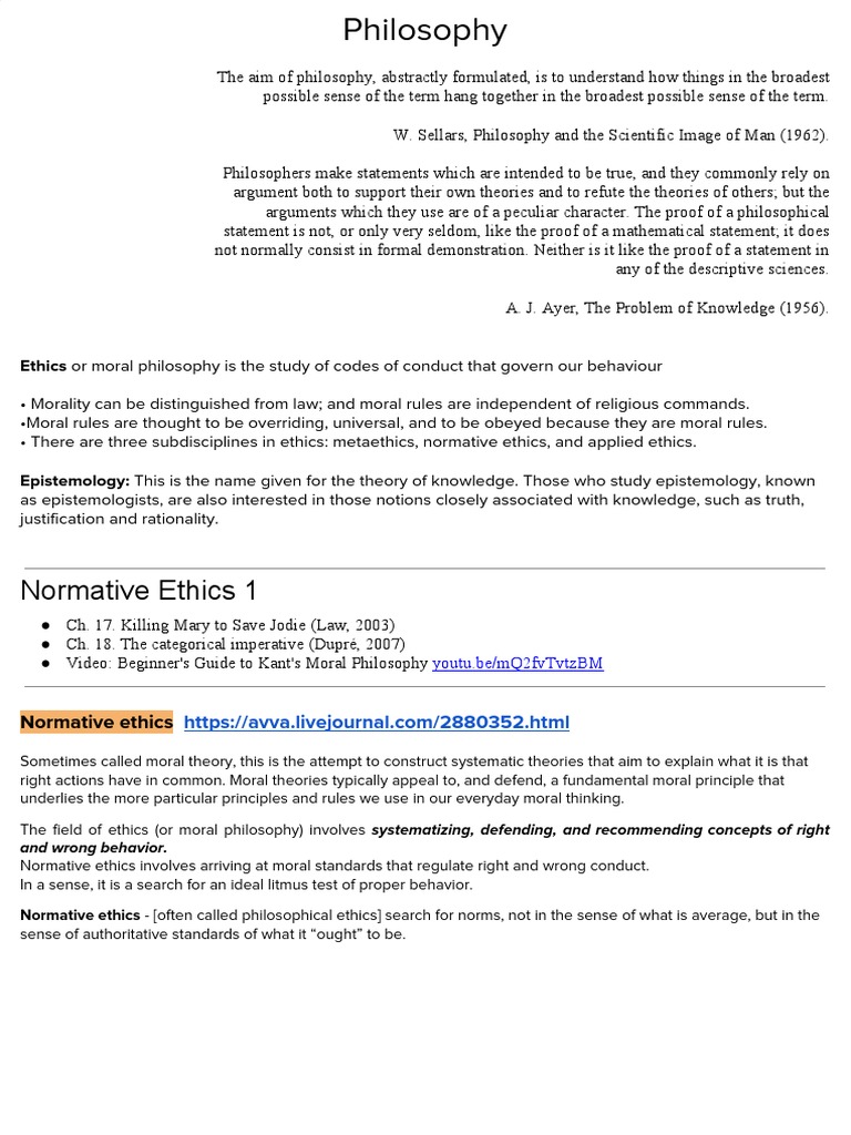 Normative Ethics 1: Ethics or Moral Philosophy Is The Study of Codes of ...