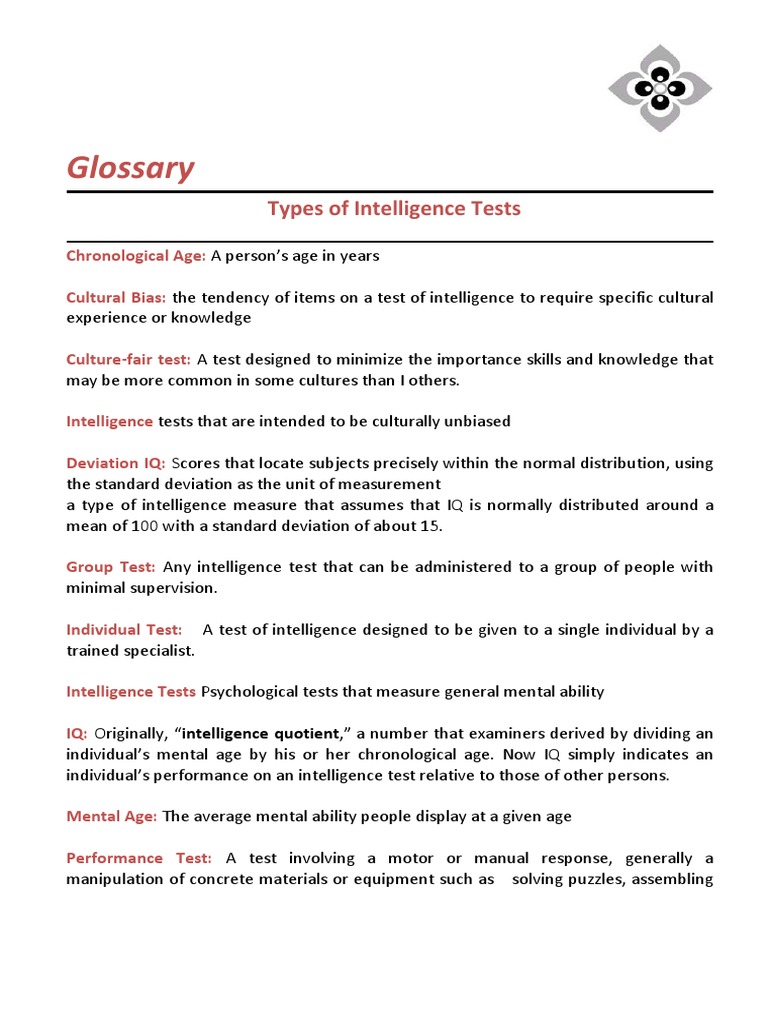 Types of Intelligence Tests Glossary | PDF | Intelligence Quotient | Tests
