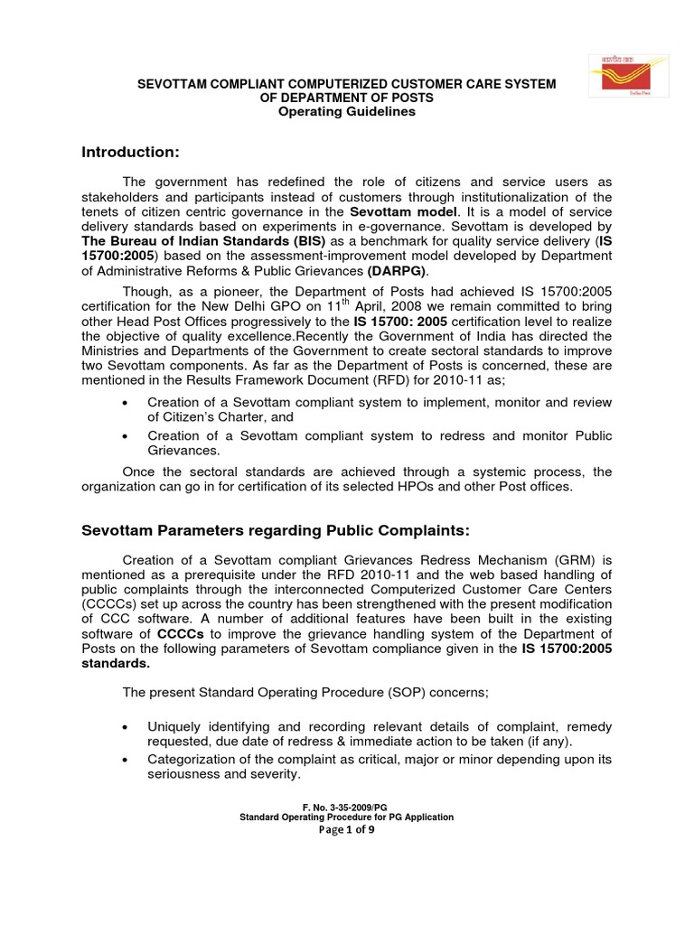 Operating Guidelines: Sevottam Compliant Computerized Customer Care ...