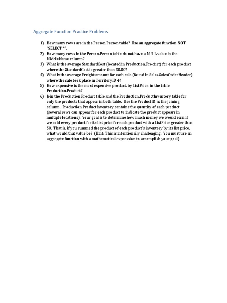 Aggregate Function Practice Problems | PDF | Teaching Mathematics ...