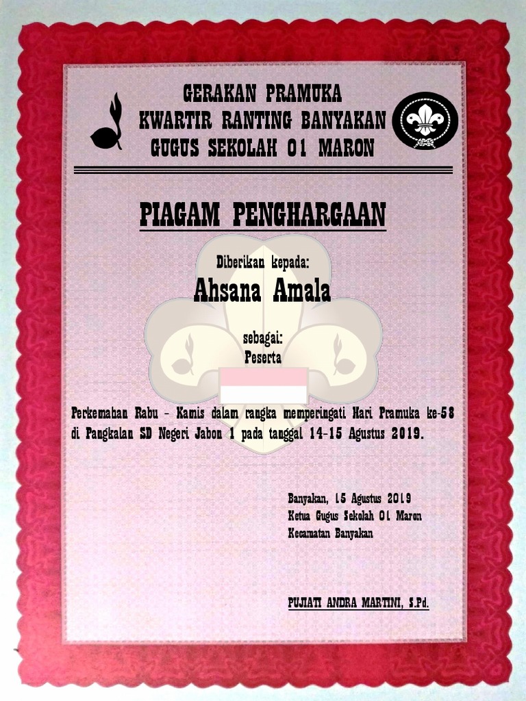 Piagam Penghargaan Pramuka Gugus 01 Maron - 2019 | PDF