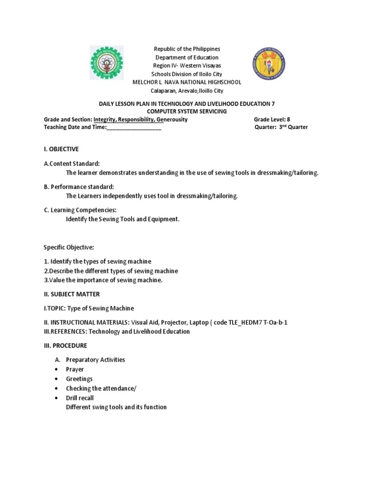 Lesson Plan in Tle Dressmaking (Sewing Machine) | PDF | Sewing | Sewing ...