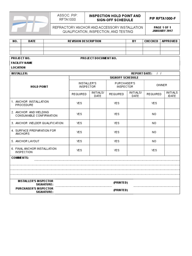 Refractory Anchor and Accessory Installation Inspection Hold Point and ...