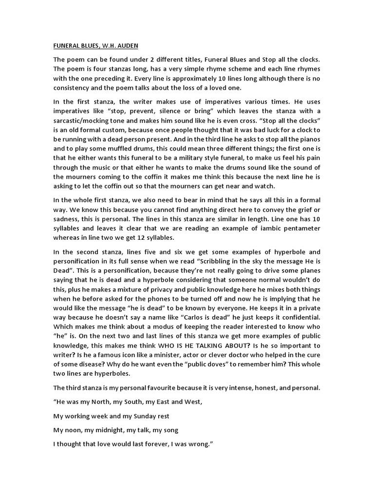 Funeral Blues, W.H. Auden | PDF | Grief | Poetry