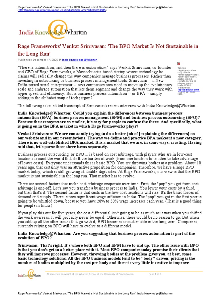 Rage Frameworks' Venkat Srinivasan: 'The BPO Market Is Not Sustainable ...