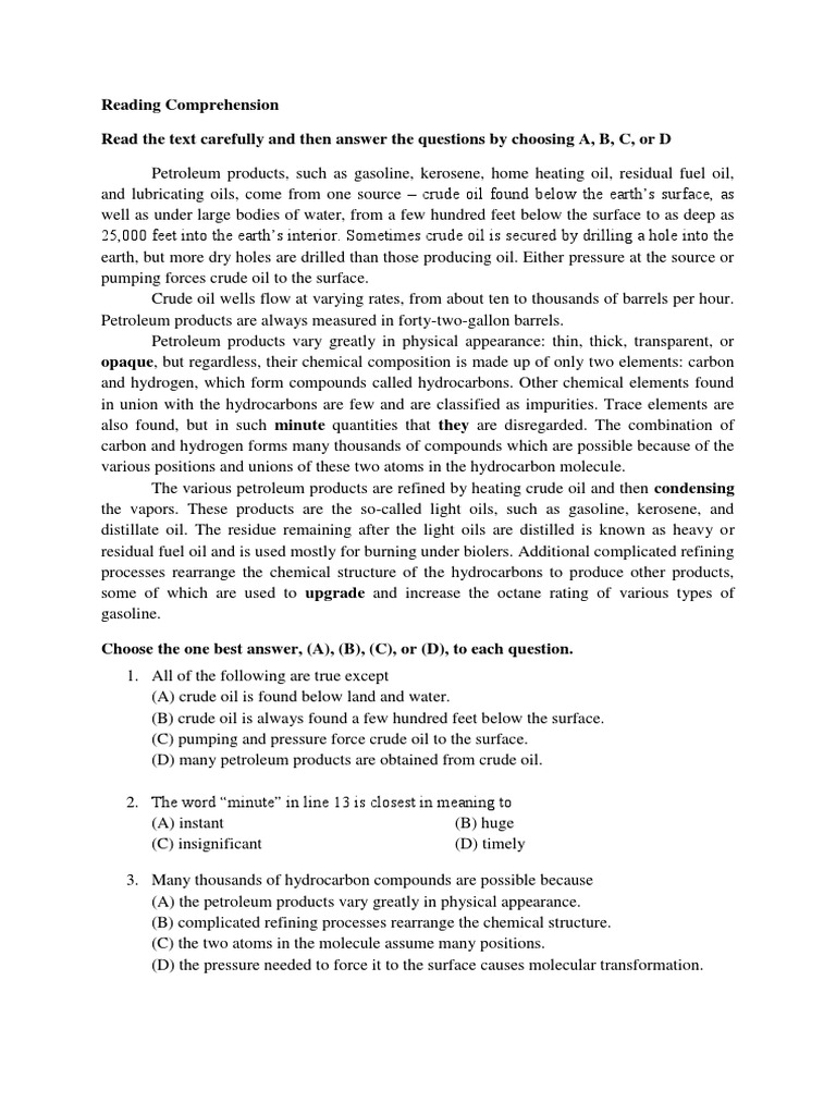 Reading Comprehension | PDF | Oil Refinery | Petroleum