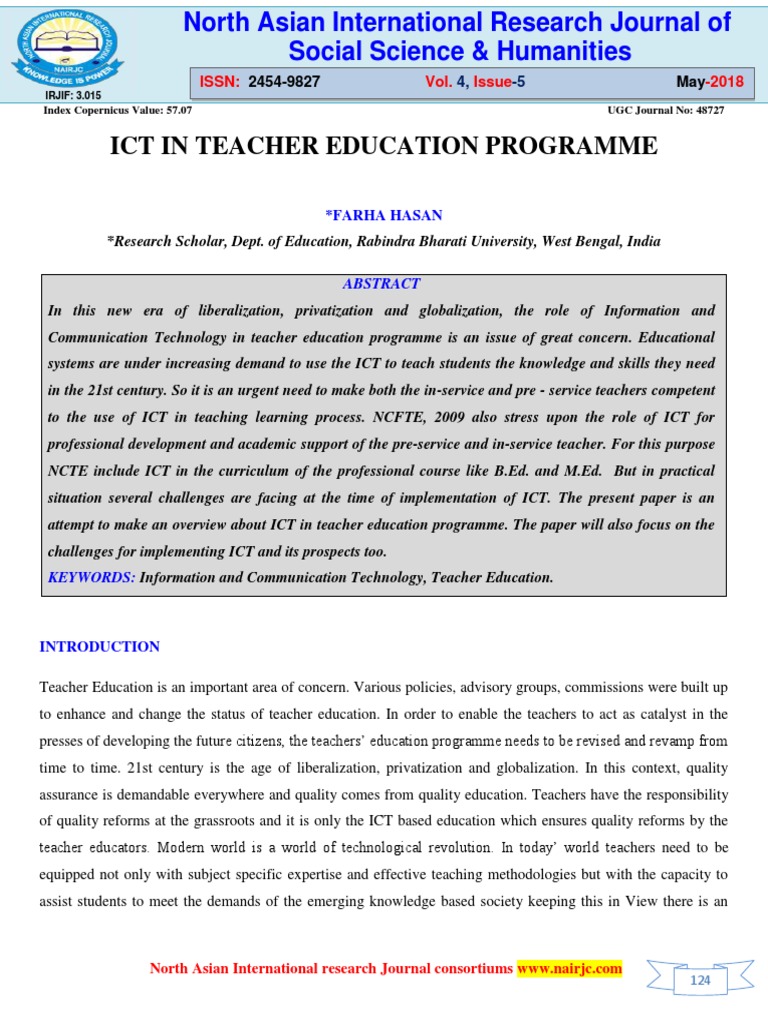 Ict in Teacher Education Programme: Issn: Vol. Issue - 2018 | PDF ...