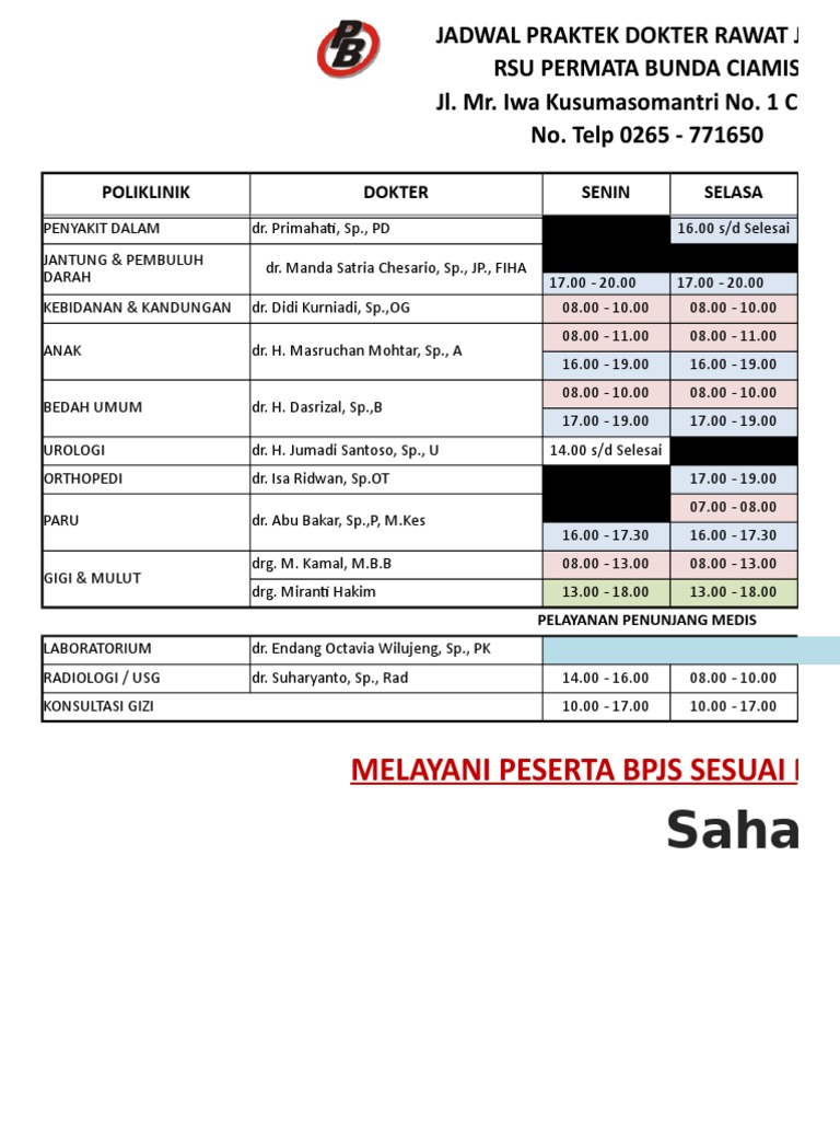 Jadwal Praktek Dokter Spesialis PB Ciamis | PDF Jadwal Praktek Dokter Spesialis PB Ciamis | PDF