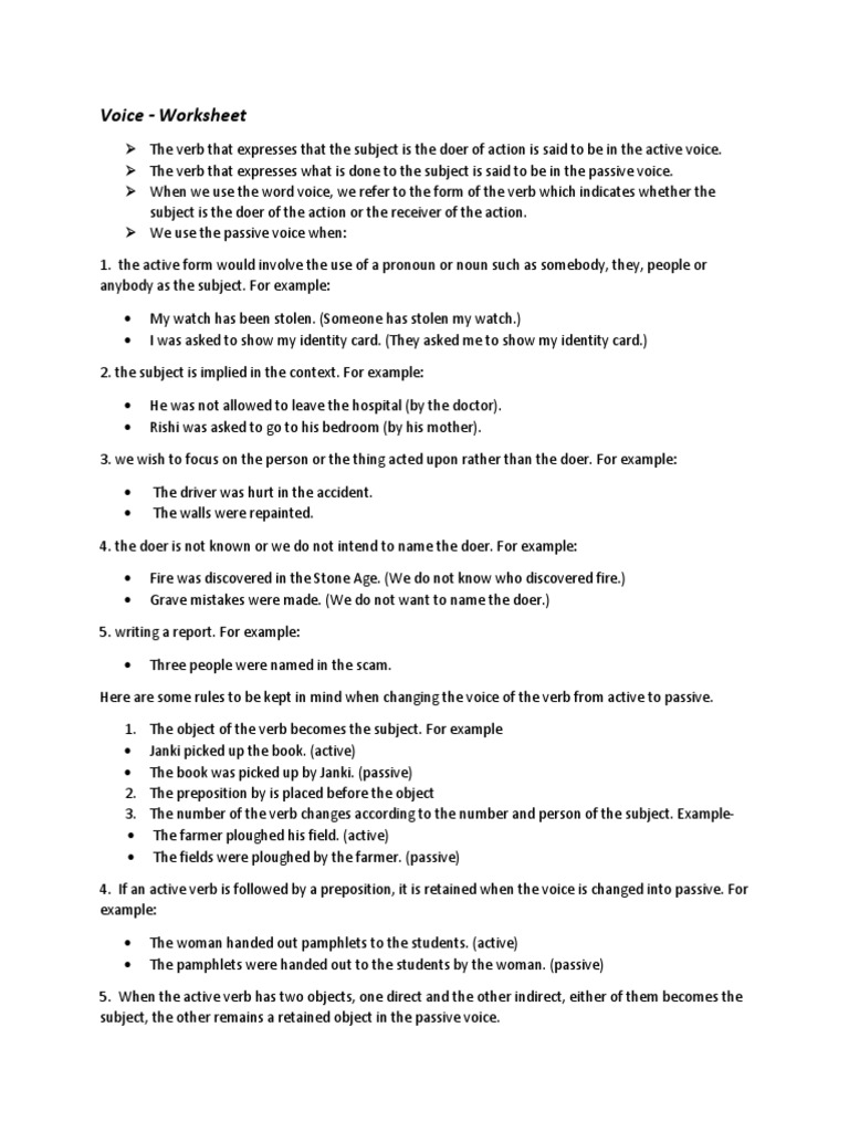 Voice Worksheet | PDF | Verb | Object (Grammar)