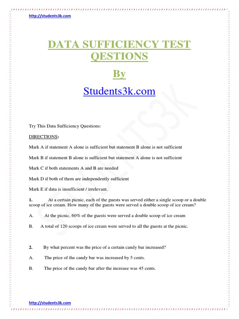 Data Sufficiency Questions | PDF | Odds | Numbers