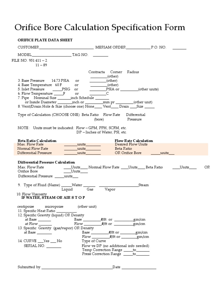 Orifice Bore Calculation Specification Form: Orifice Plate Data Sheet ...