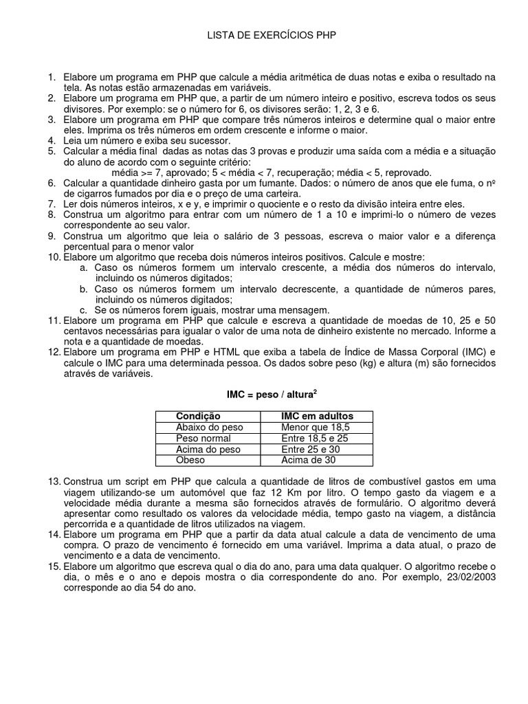 Lista de Exercícios PHP | PDF | Índice de massa corporal | Algoritmos