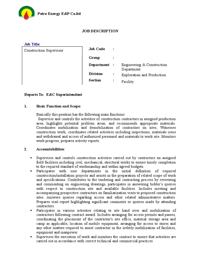 JD Construction Supervisor | PDF | Competence (Human Resources ...