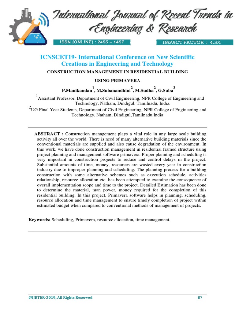 Construction Management in Residential Building Using Primavera | PDF ...