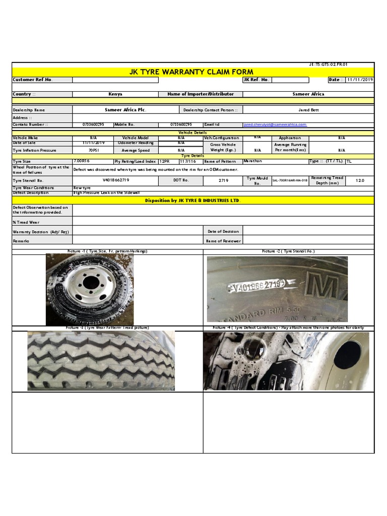 Warranty Claim Form1 - Marathon | PDF | Tire | Vehicle Parts