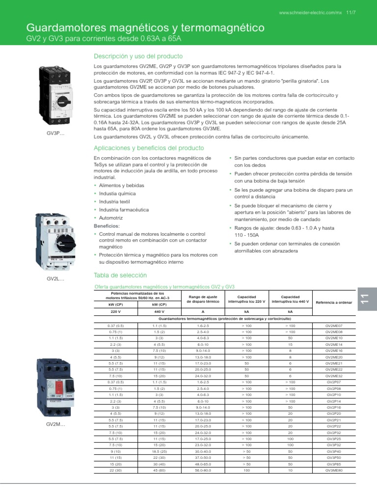 Guardamotor Gv2 de .63 A 65 Amps | PDF | Equipo eléctrico | Componentes ...