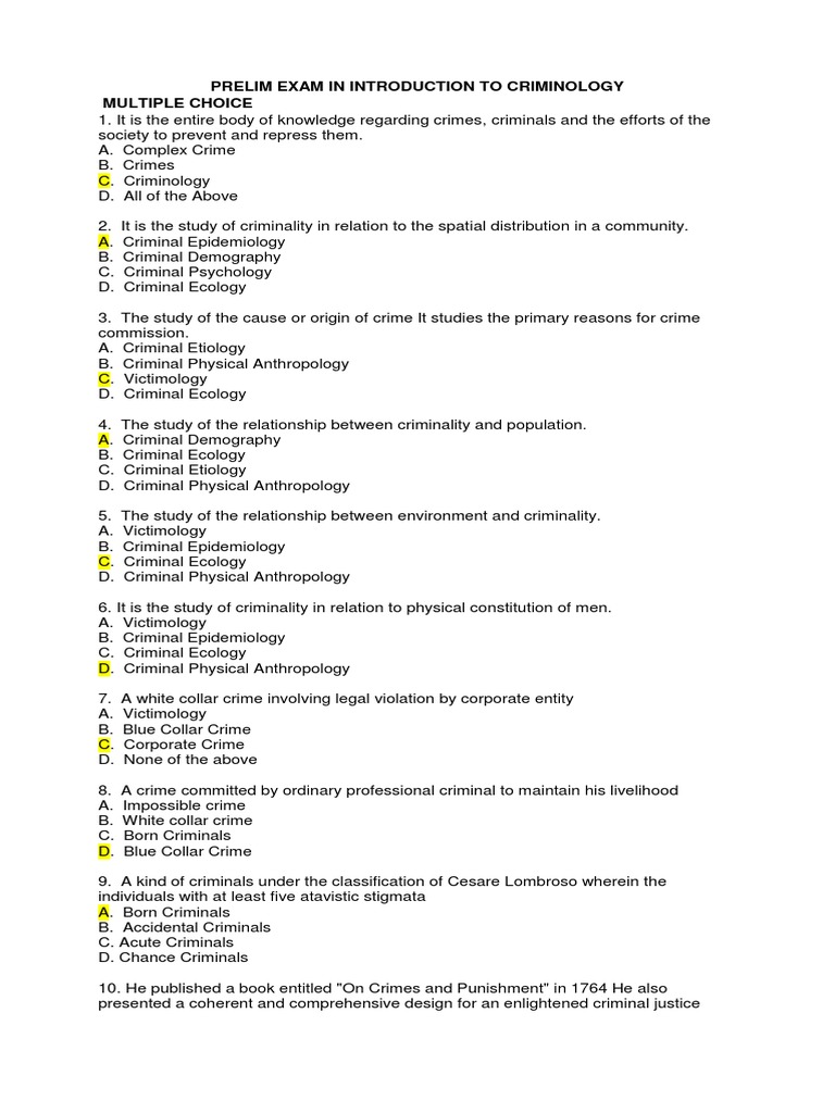 Prelim Exam in Introduction To Criminology Multiple Choice | PDF | Criminology | Social Science