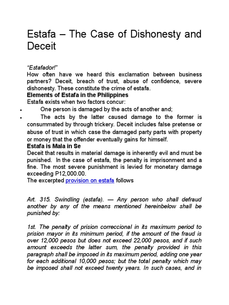 Estafa - The Case of Dishonesty and Deceit | PDF | Fraud | Reasonable Doubt