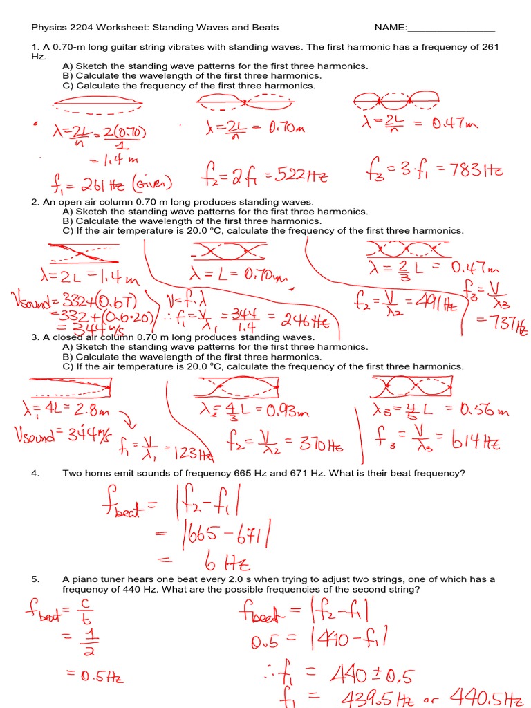 Physics 2204 Worksheet (Standing Waves and Beats Answers2) | PDF | Harmonic | Frequency