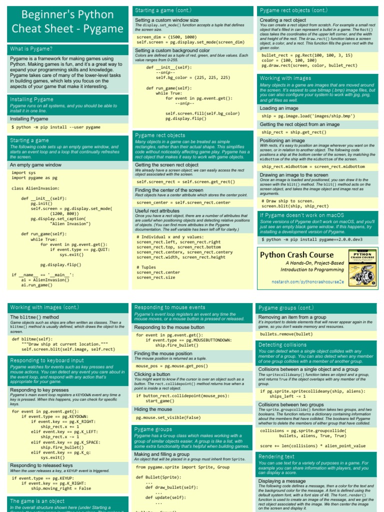Beginners Python Cheat Sheet PCC Pygame | PDF | Computer Programming ...